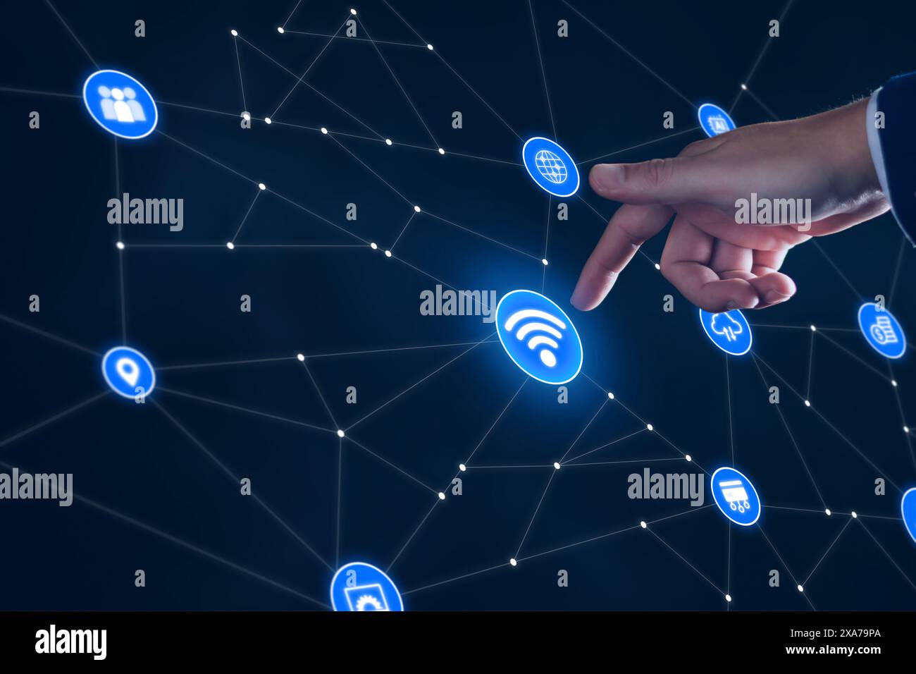 Smart business IOT, internet of things concept. Businessman touching ...