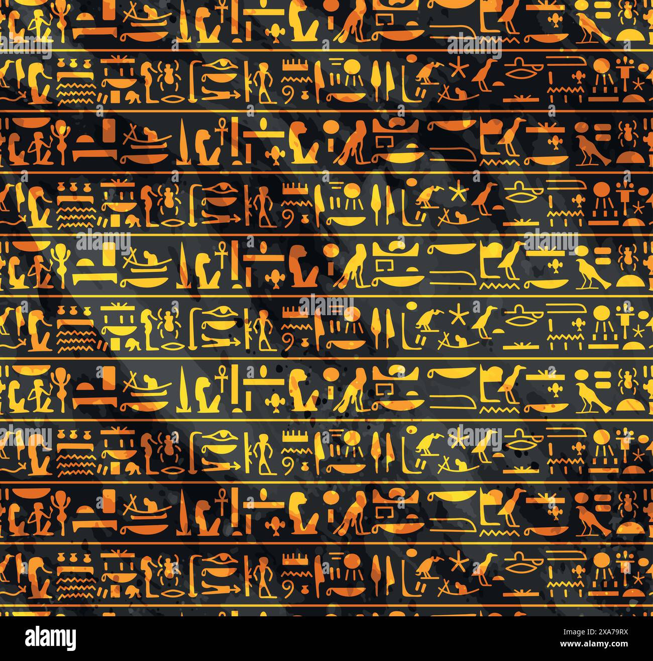 Ancient golden egyptian hieroglyphs alphabet pattern over black water ...
