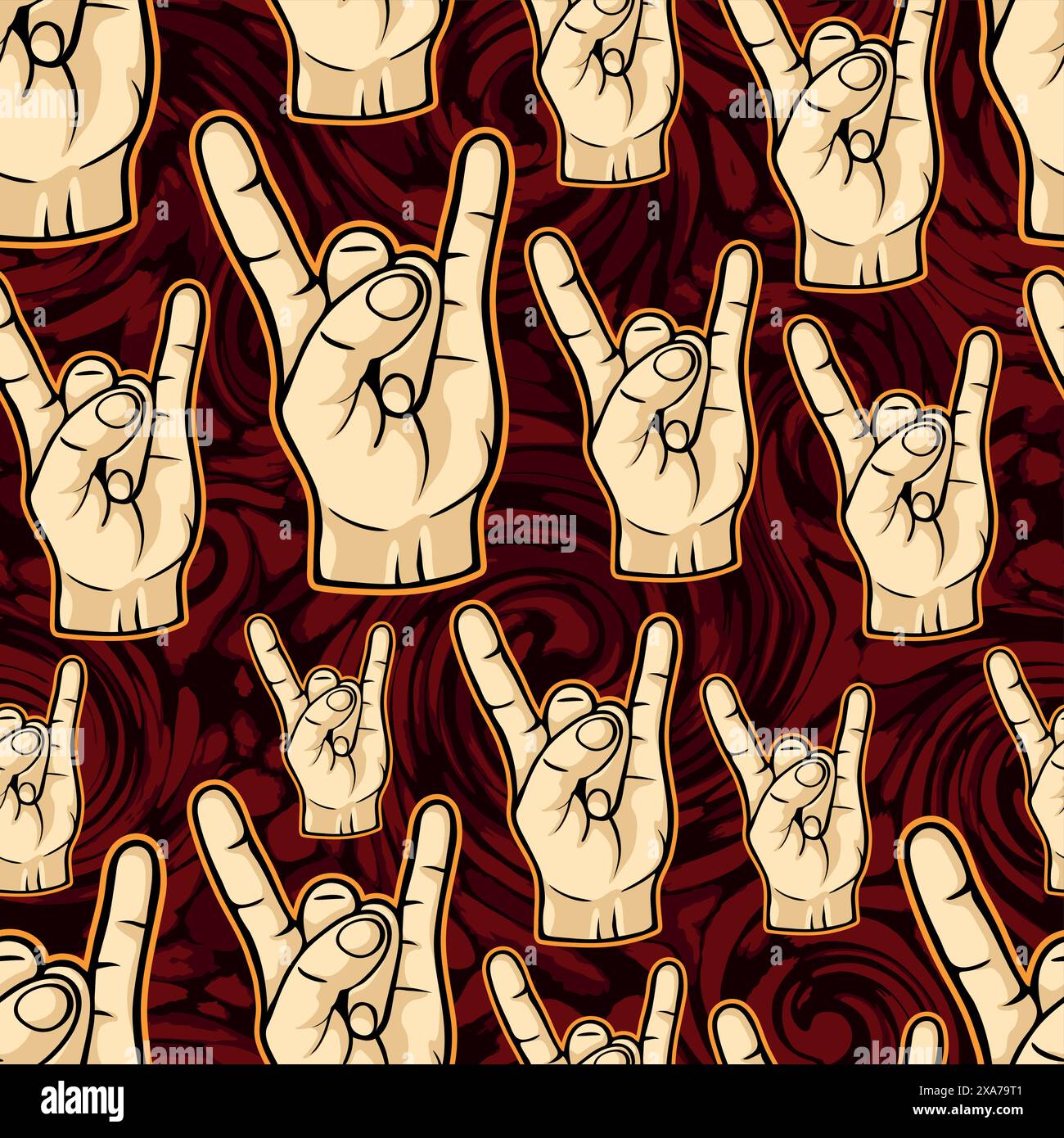 Male hand with horns up symbol pattern over an abstract dark red wave ...