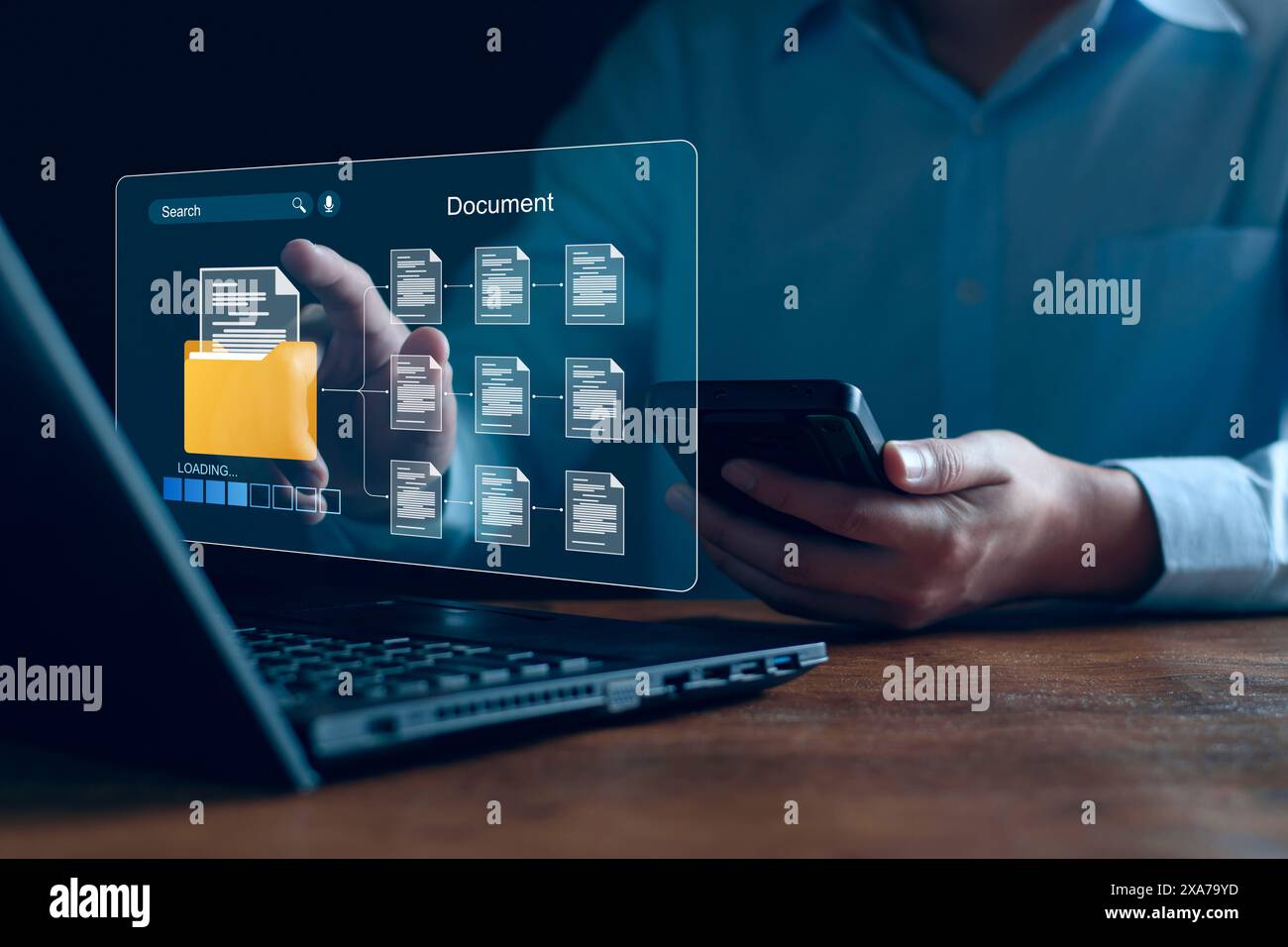 Document management and network system concept. Businessman use smart tablet loading documents ...