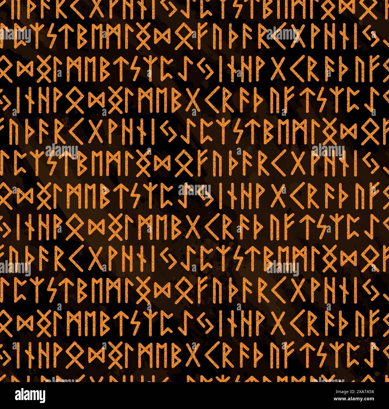 Orange ancient viking runes alphabet pattern over a dark brown water ...