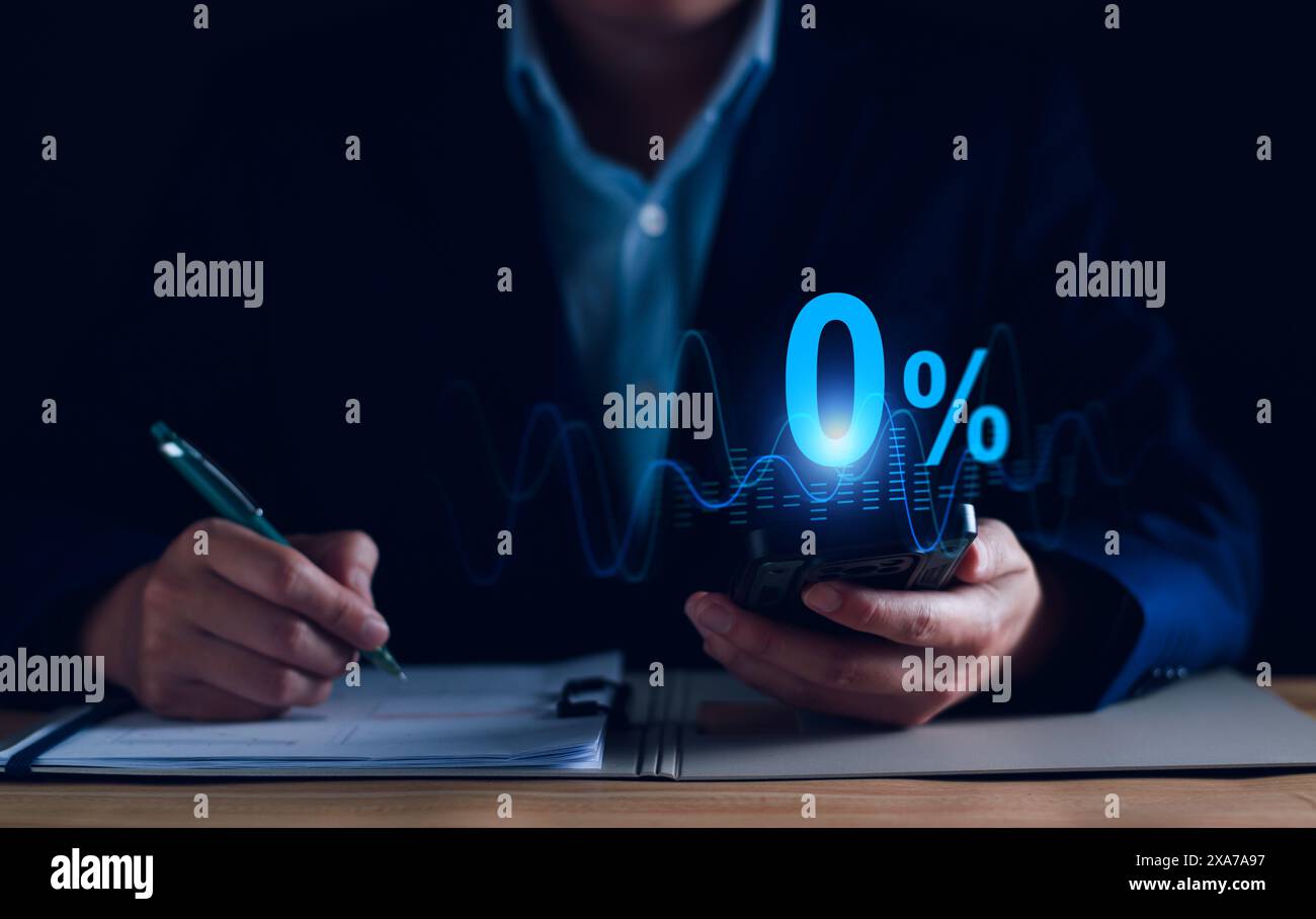 Businessman showing zero percentage or 0 percent for special offer of ...