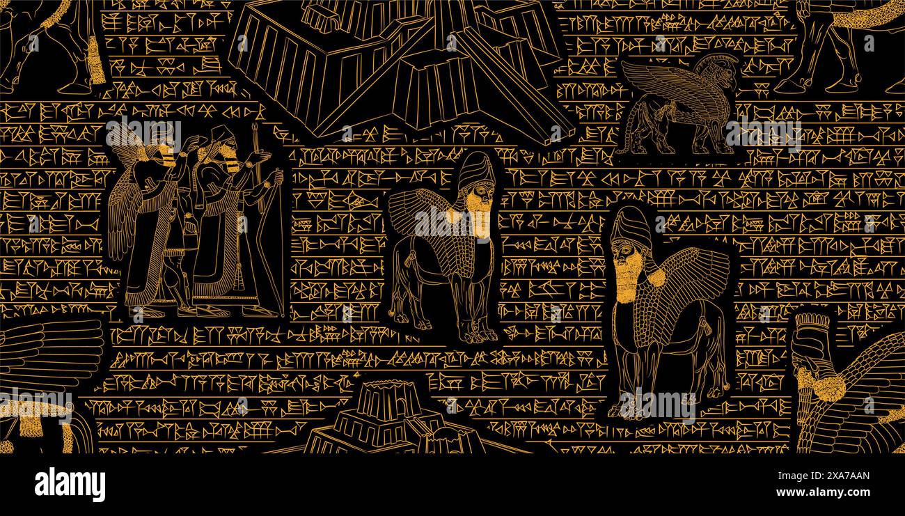 Beautiful golden sumerian and asyrian seamless pattern over black ...