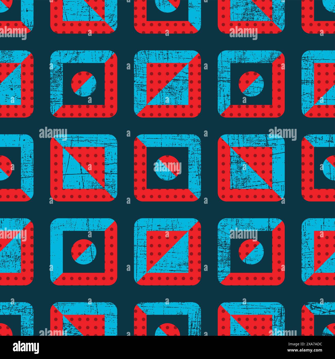 Geometric rounded square blue and red seamless pattern with half toned ...