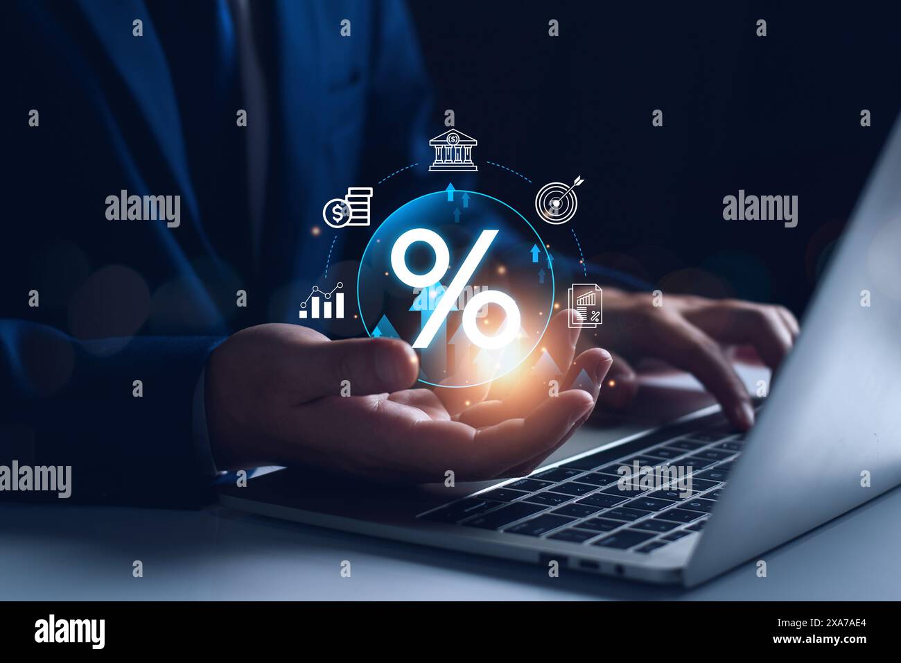 Interest rate and dividend concept. Businessman with percentage symbol ...