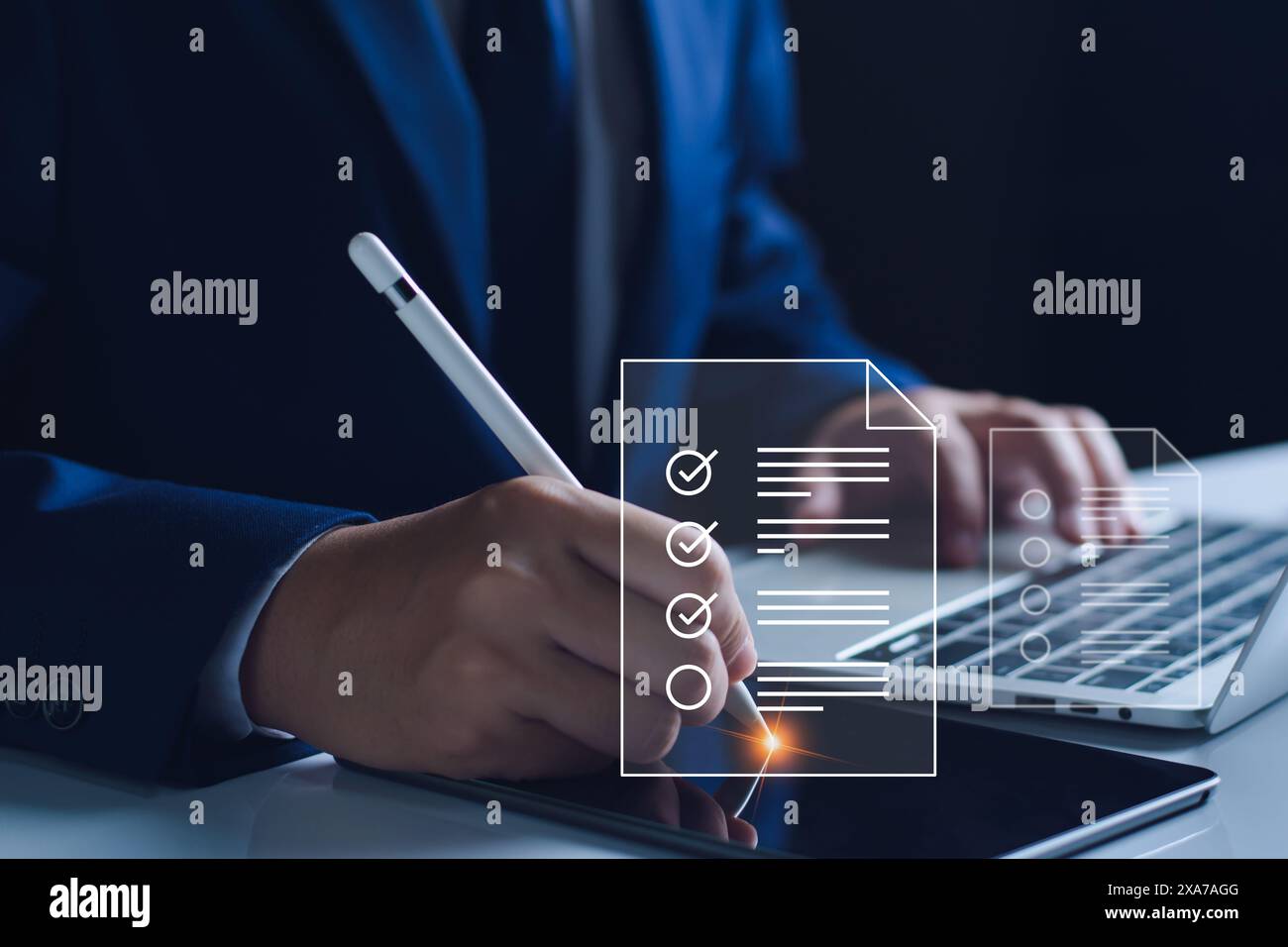 Businessman working with tablet. Checking mark up on the check boxes ...