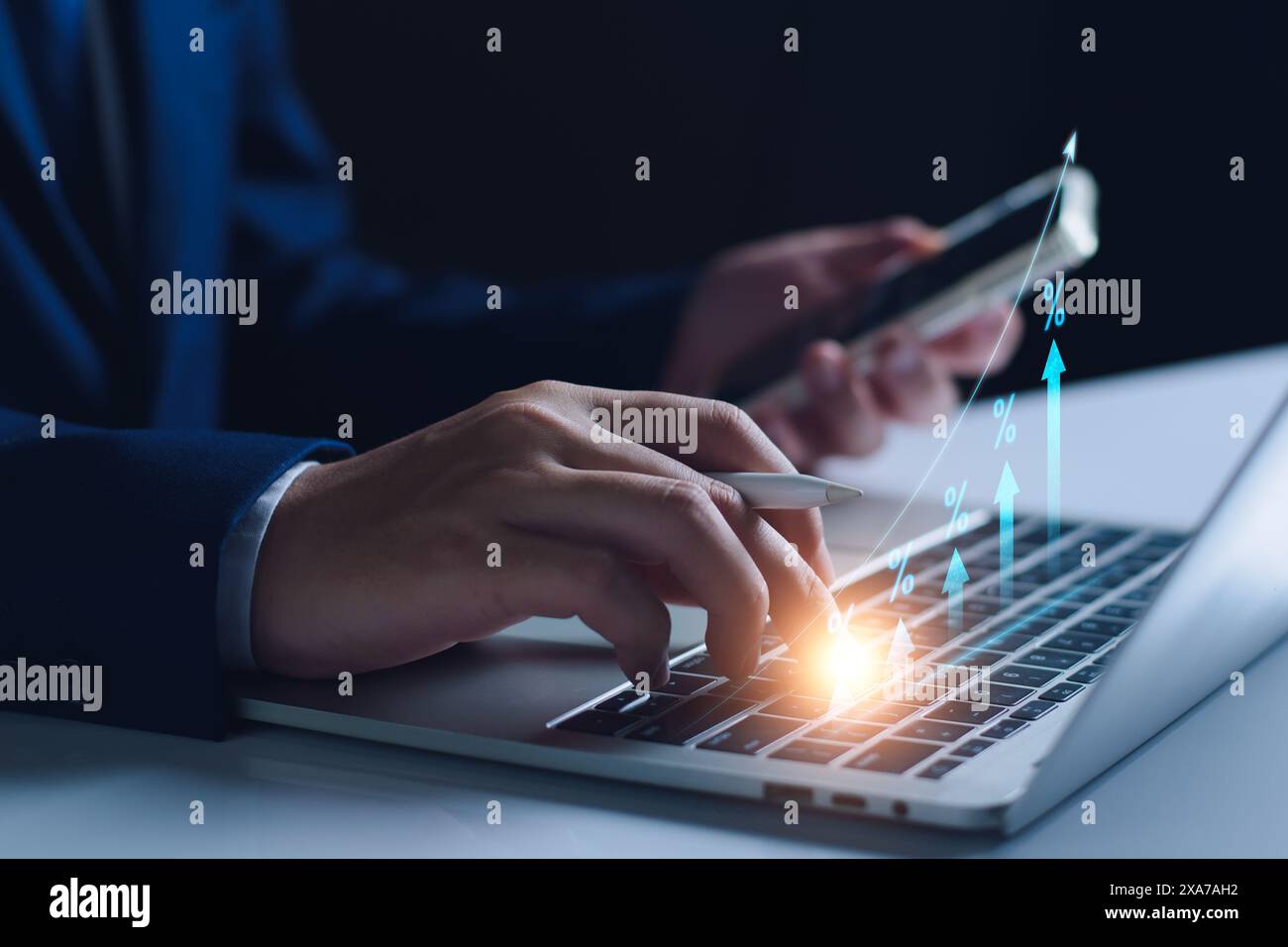 Interest rate and dividend concept. Businessman with percentage symbol ...