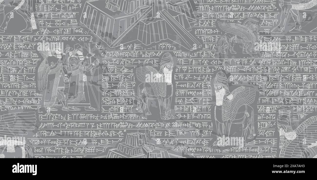 Beautiful sumerian and asyrian seamless pattern over marble background ...