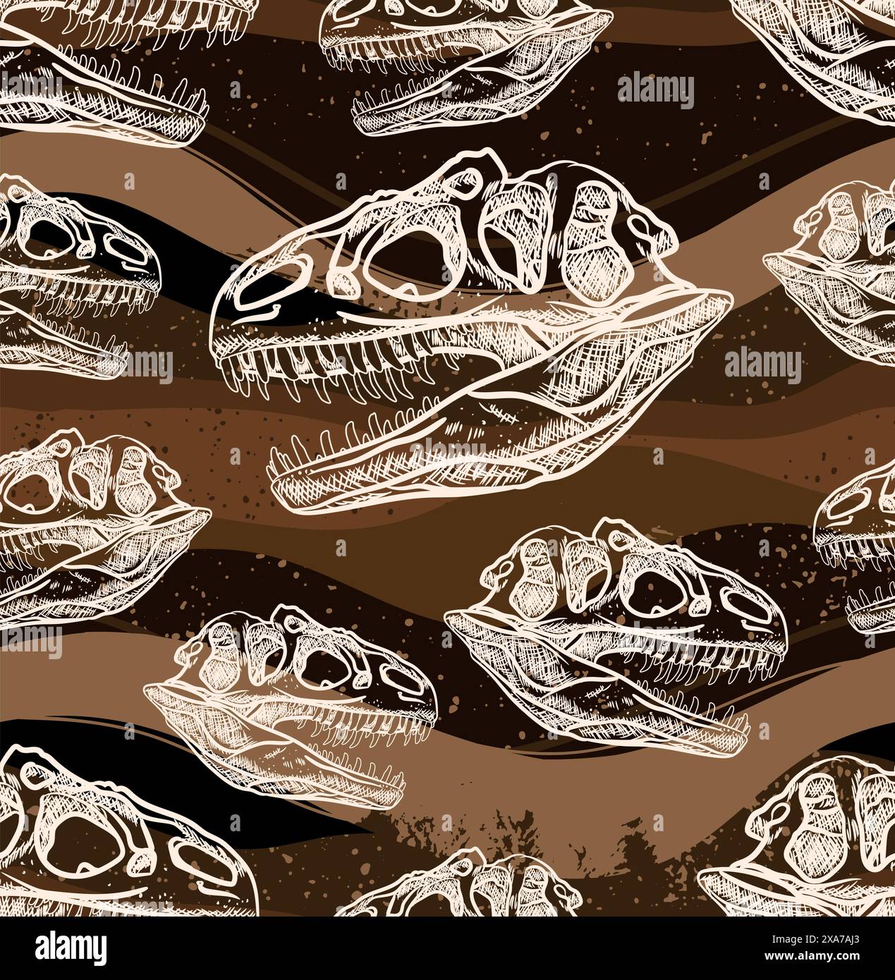 White Tyrannosaurus Rex skull seamless pattern with dark brwon earth ground at background Stock ...