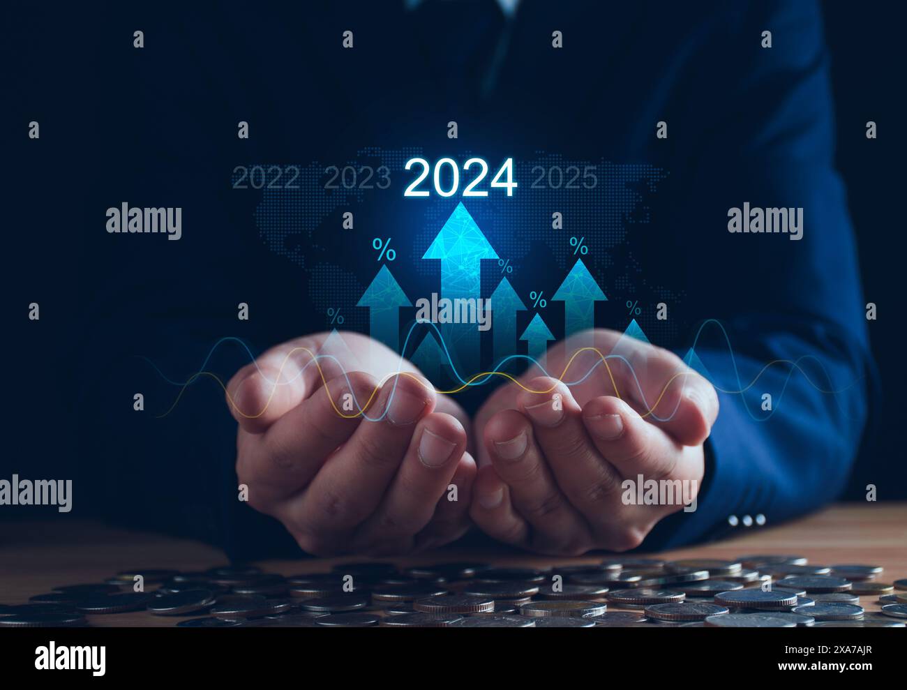 Interest rate and dividend concept. Businessman with percentage symbol ...