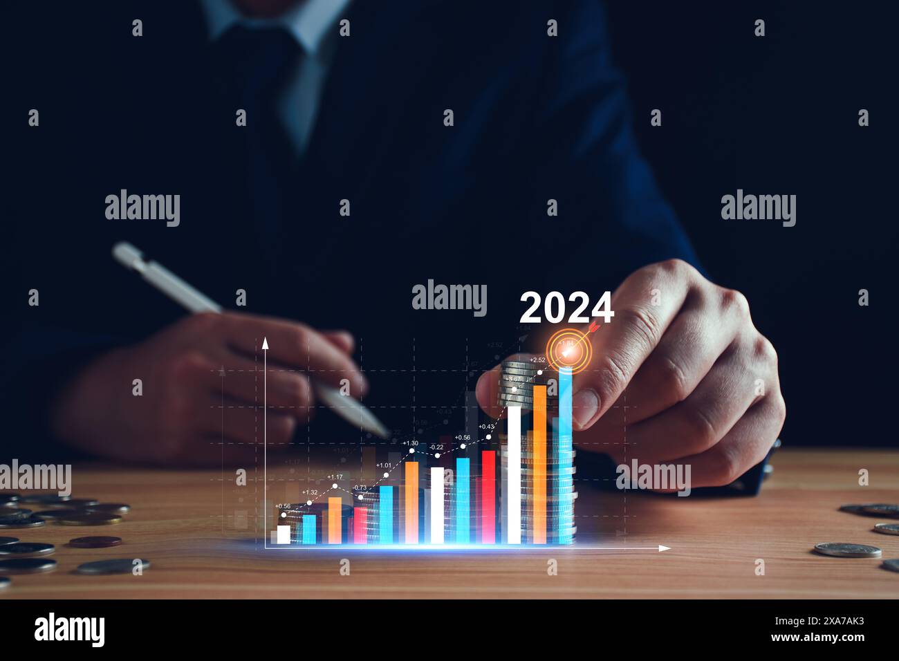 Interest rate and dividend concept. Businessman with percentage symbol ...