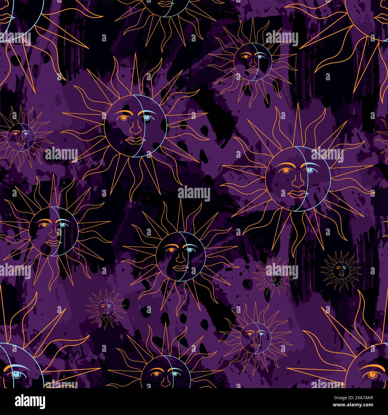 sun and moon illustration medieval style seamless pattern over dark ...