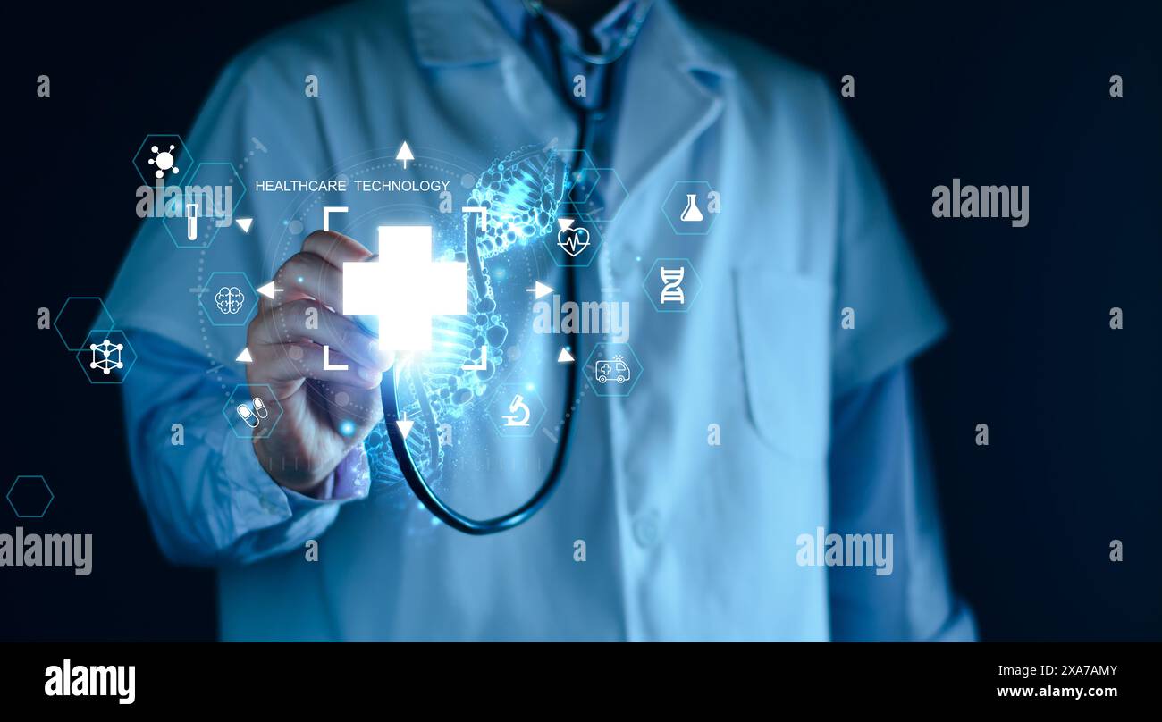 Medicine doctors diagnosis and take note electronic medical record. DNA ...