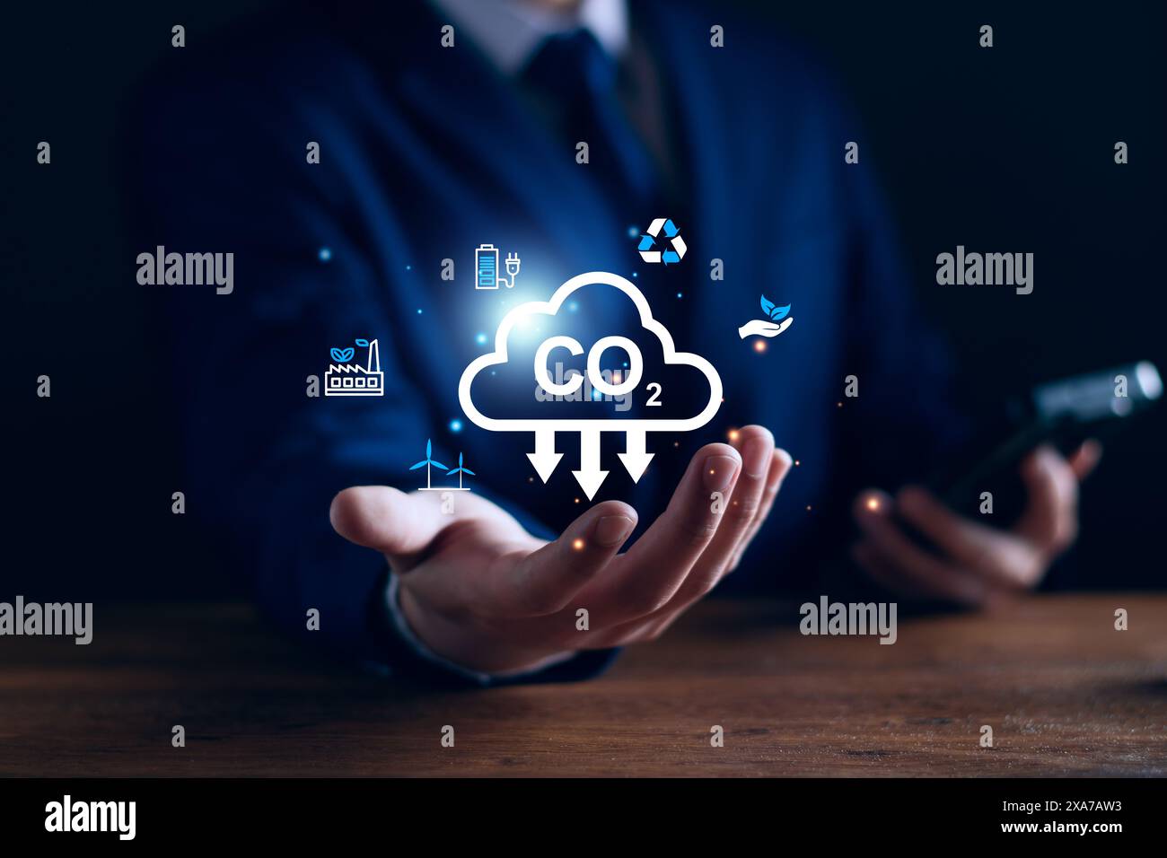 CO2 Carbon dioxide emission reduction, businessman and environmental ...