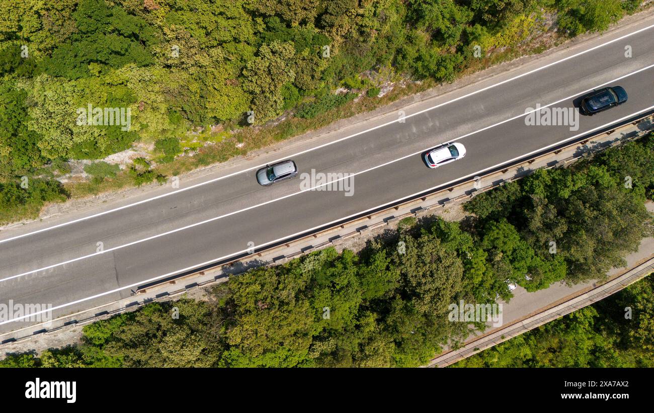 Three cars driving on a road surrounded by trees, grass, and nature ...