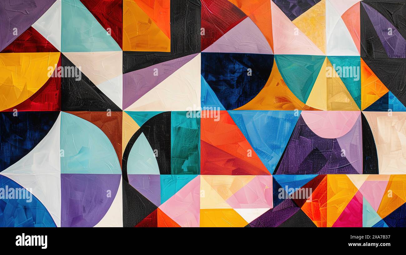 An abstract art with intersecting circles and squares in various colors ...