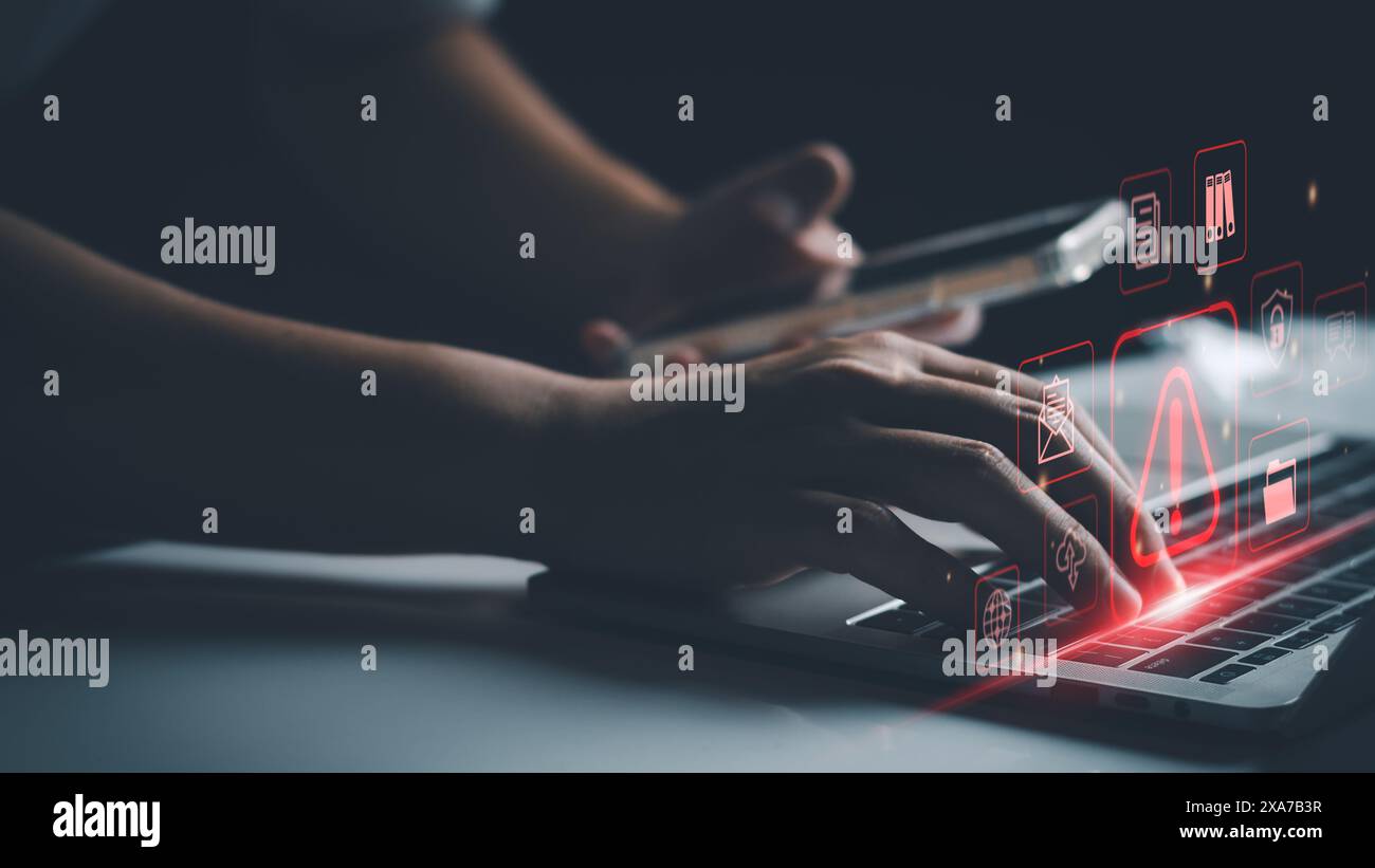 System warning hacked alert, cyber attack on computer network. programmer, Businessman staff ...