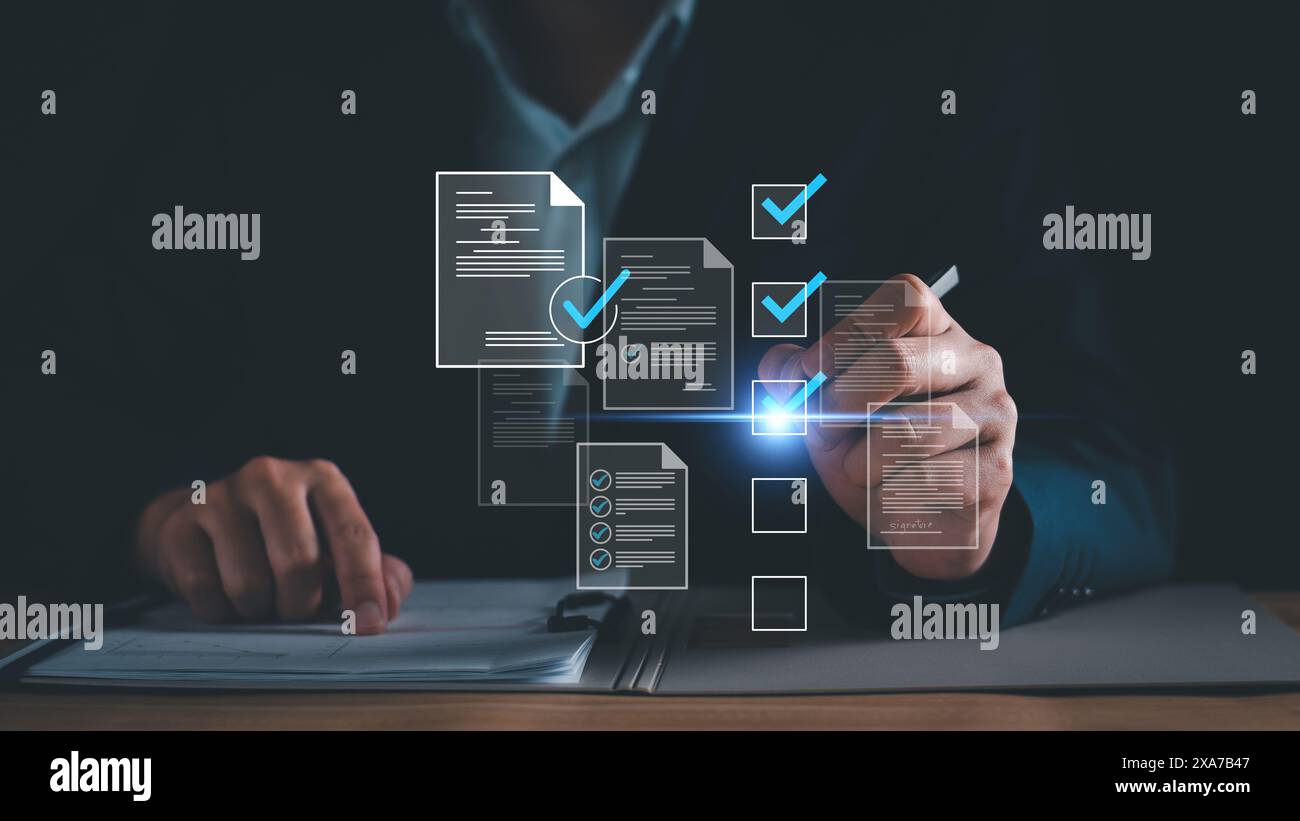 Document management concept, Businessman check electronic documents ...