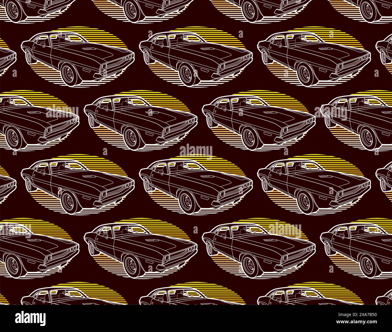 Muscle car vector set collage with dark red colors and sun at ...