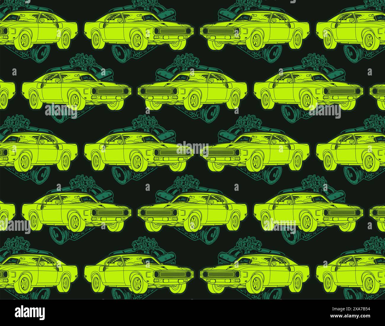 Muscle car vector set collage with Green colors and green engine ...
