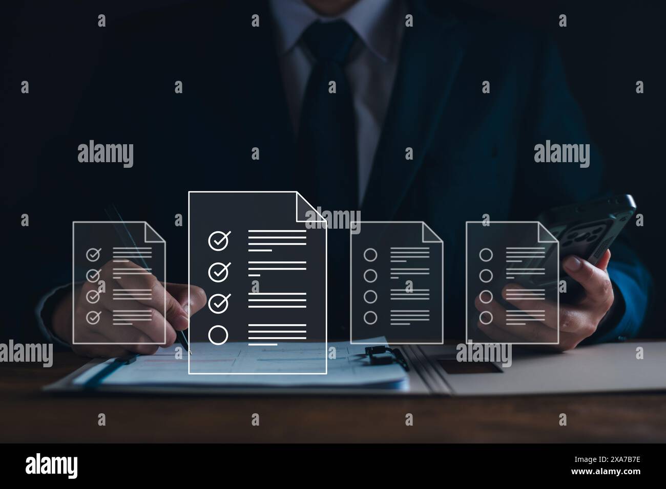 Businessman working with tablet. Checking mark up on the check boxes ...