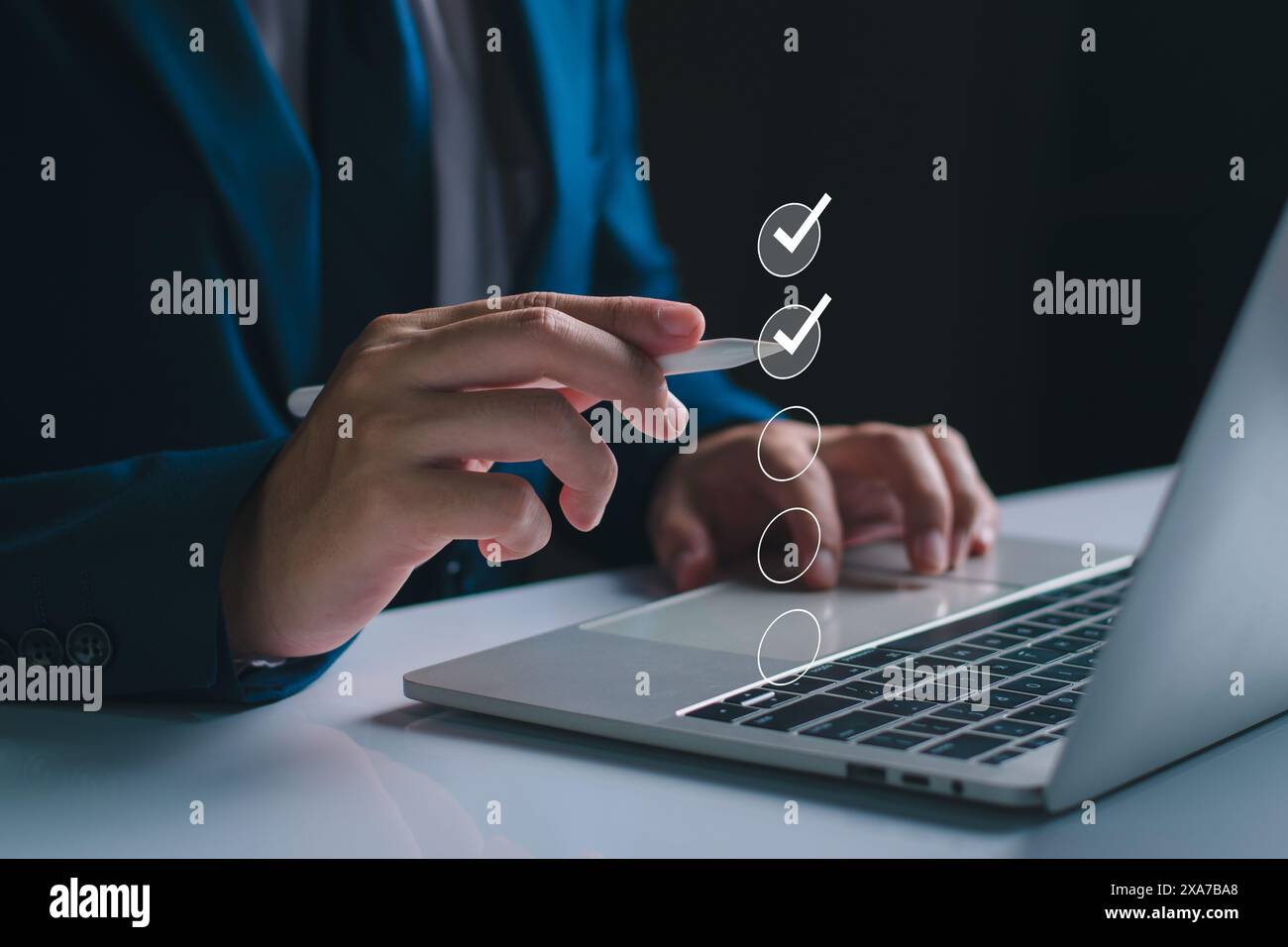 Check list concept. Businessman tick off questionnaire, survey, test ...