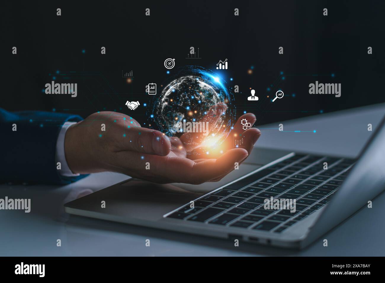 Digital market and business solution concept. businessman holding ...