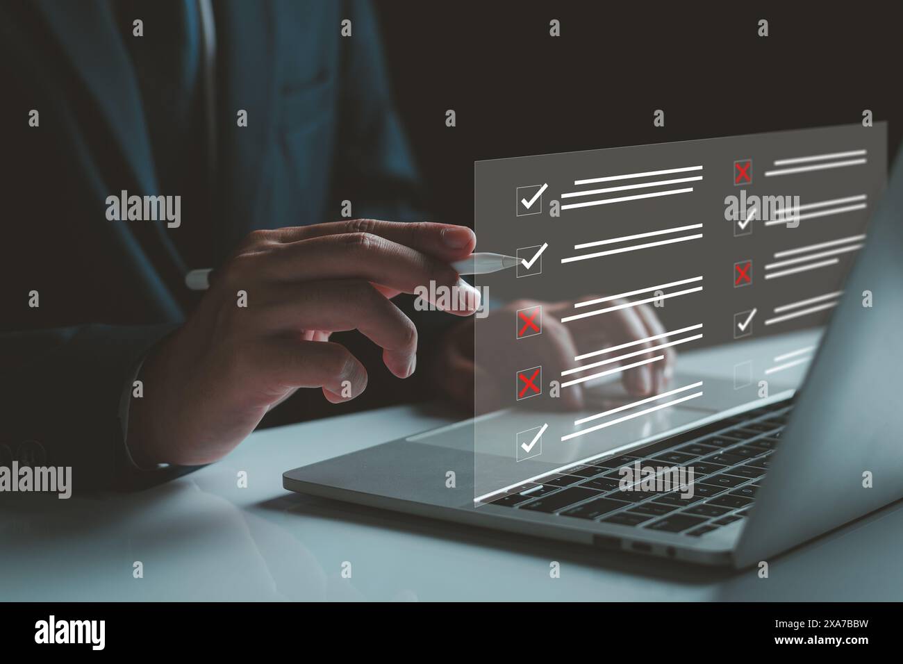 Check list concept. Businessman tick off questionnaire, survey, test ...
