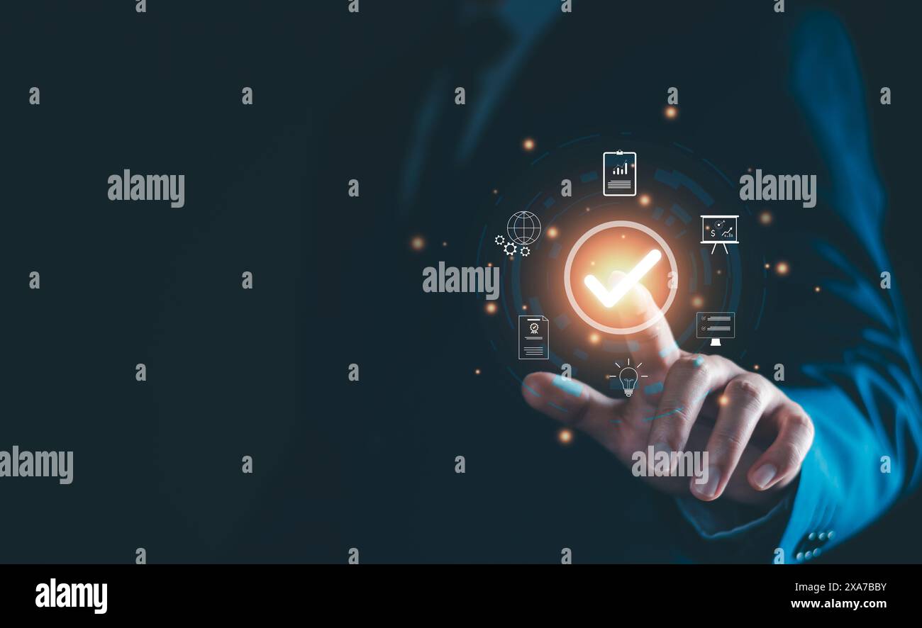 Quality control certificate concept. Businessman show high quality ...