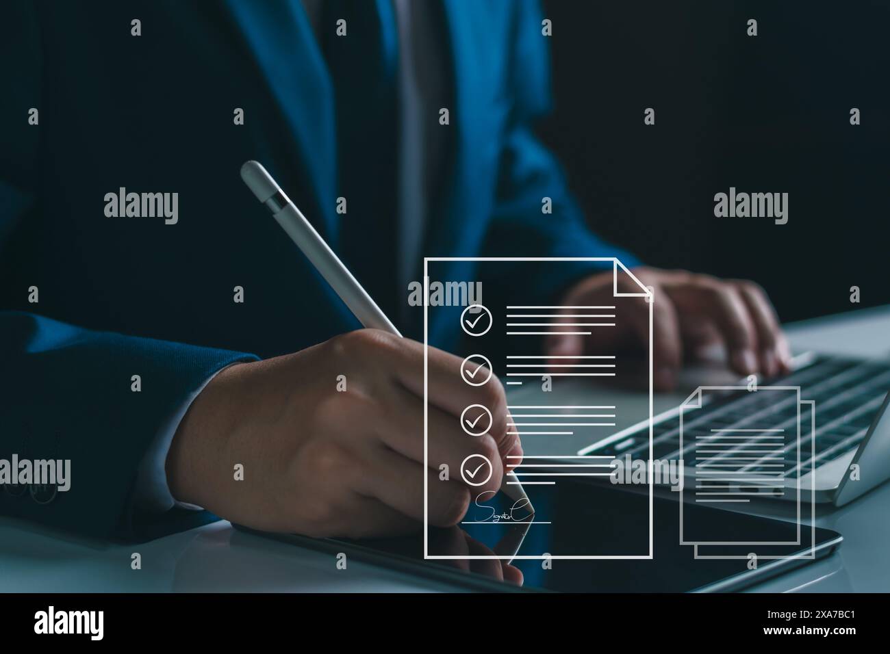 Electronic document signature concept. Document management man sign an ...