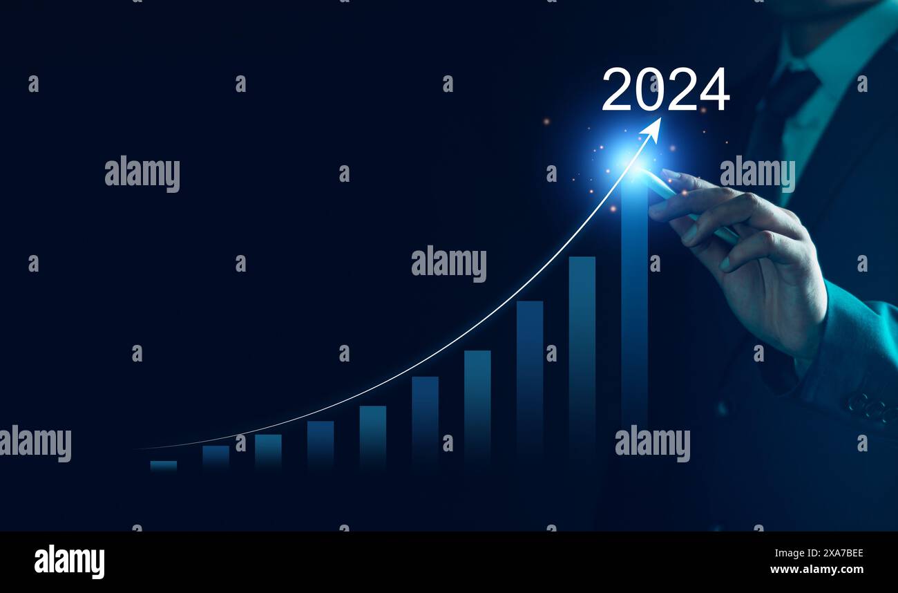 Business growth 2024 concept. Businessman analyze new year trend of ...