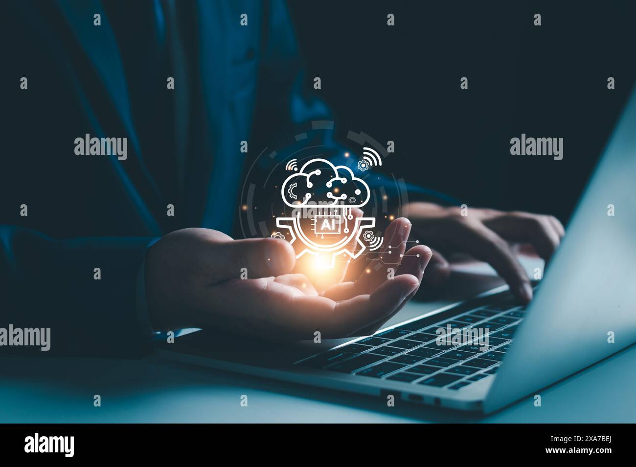 Chat robot ai assistant concept. Businessman show command prompt to ...