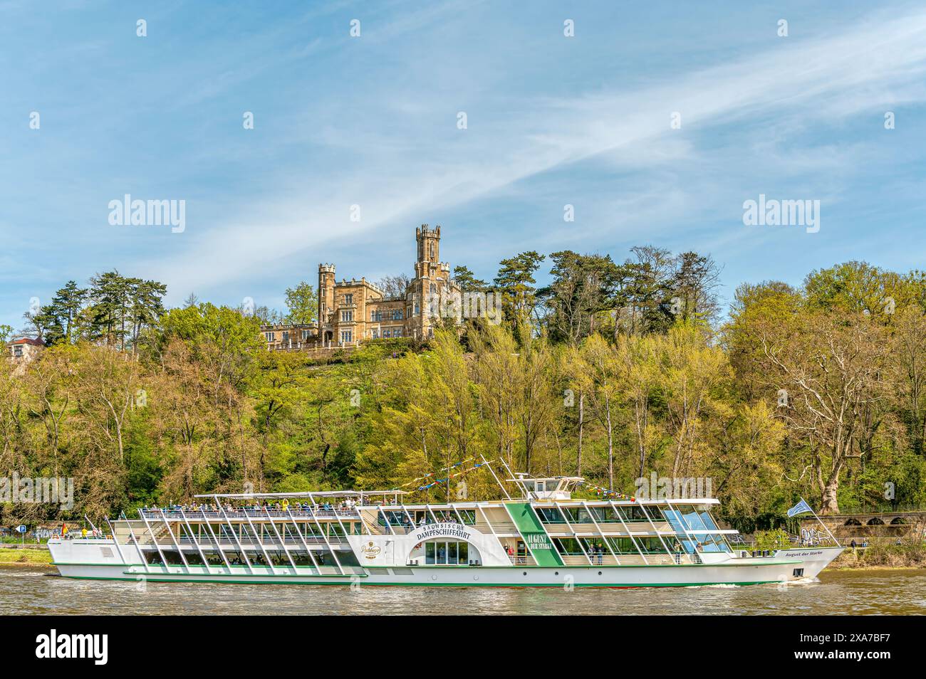Modern excursion boat in front of Eckberg Castle and Villa Stockhausen ...
