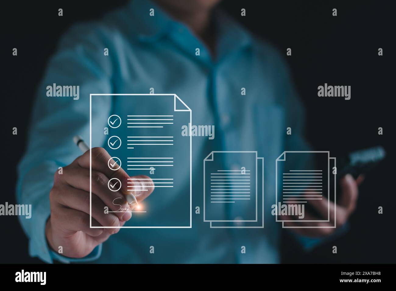 Electronic document signature concept. Document management man sign an ...