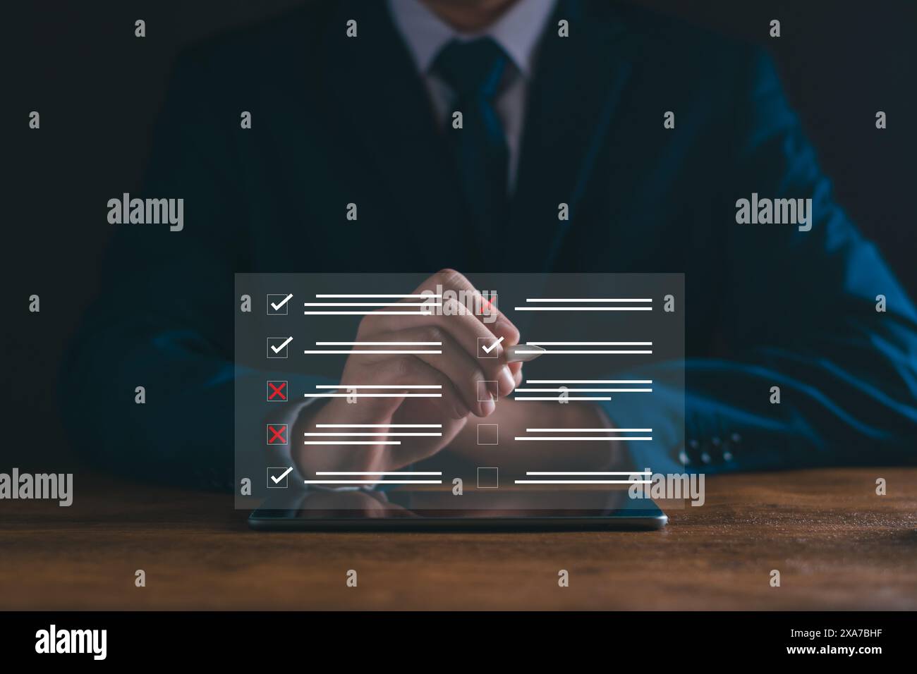 Check list concept. Businessman tick off questionnaire, survey, test ...