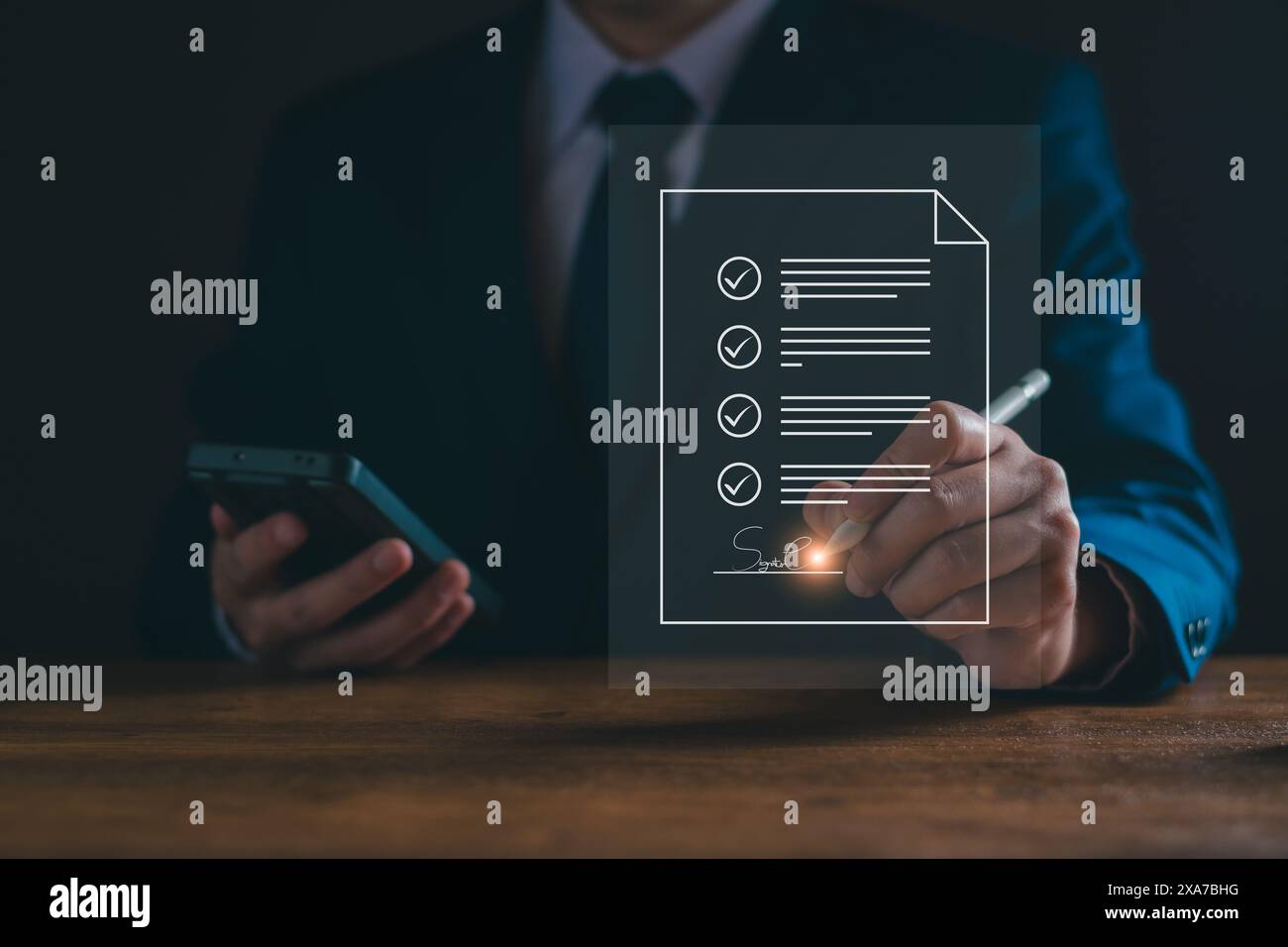 Electronic document signature concept. Document management man sign an ...