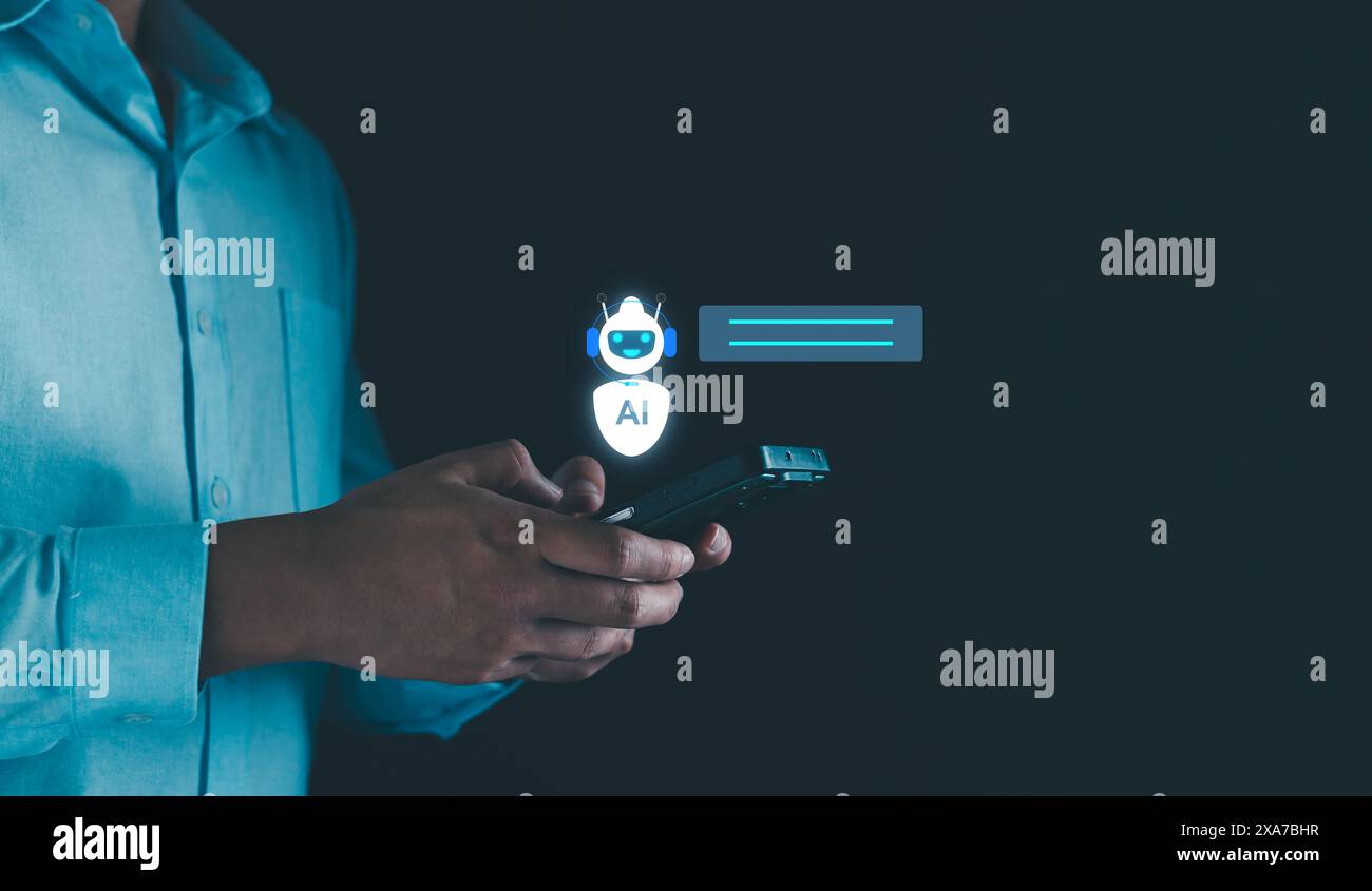 Chat robot ai assistant concept. Businessman show command prompt to ...