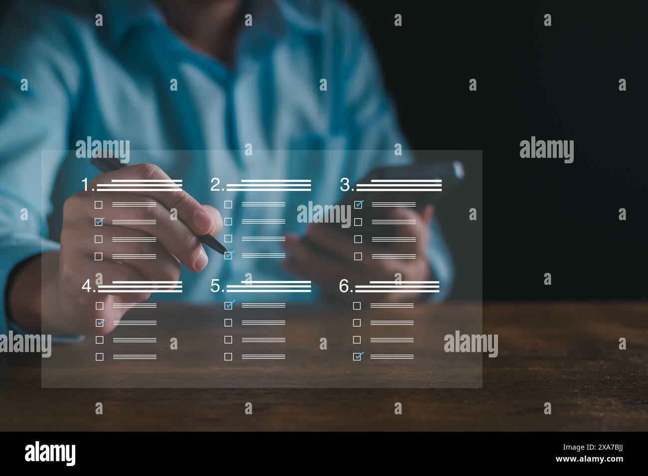 Check list concept. Businessman tick off questionnaire, survey, test ...