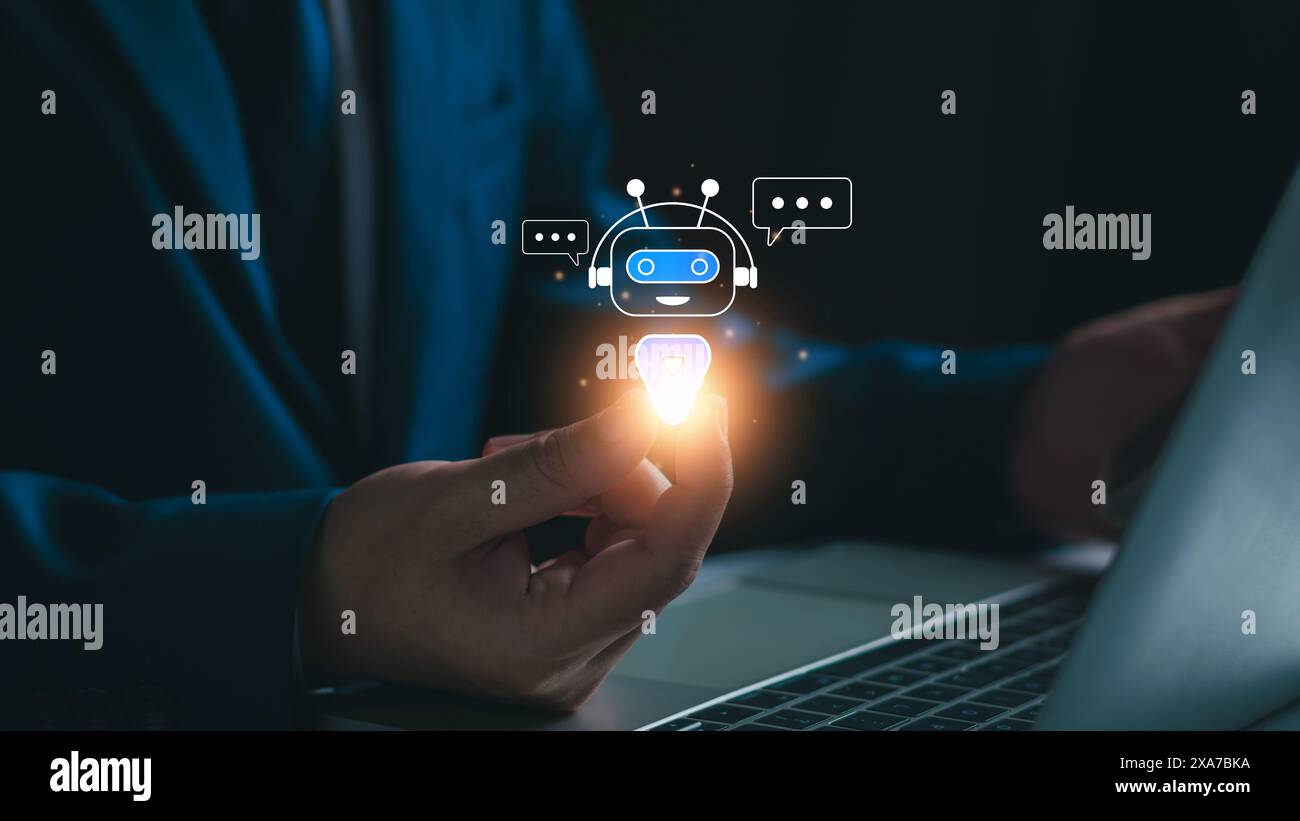 Chat robot ai assistant concept. Businessman show command prompt to ...