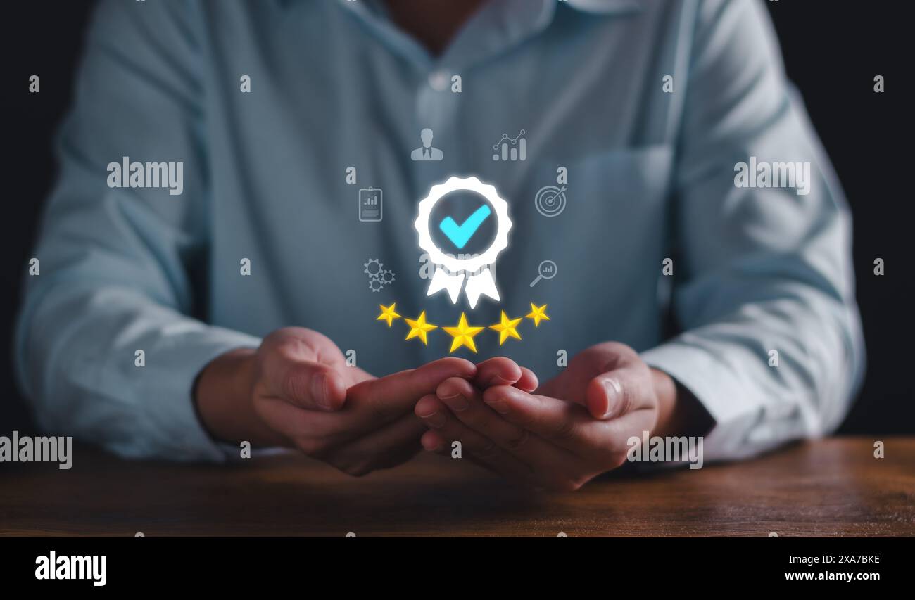 Quality control certificate concept. Businessman show high quality ...