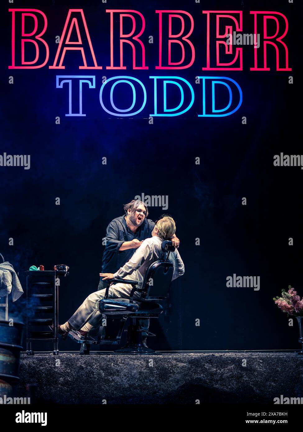 04 June 2024, Brandenburg, Cottbus: Nils Stäfe (Sweeney Todd, l) and ...