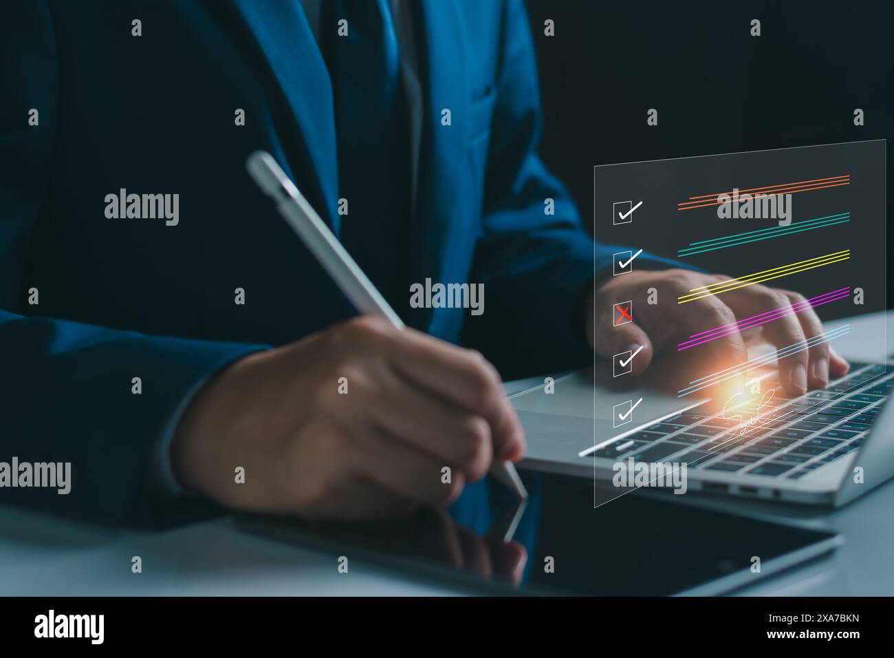 Check list concept. Businessman tick off questionnaire, survey, test ...