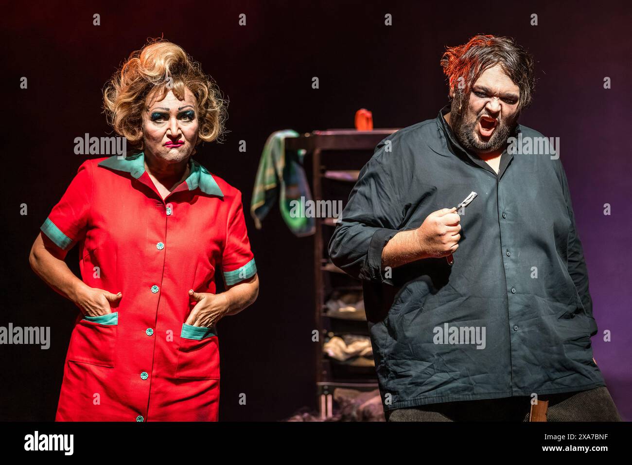 04 June 2024, Brandenburg, Cottbus: Gesine Forberger (Mrs. Lovett) and ...