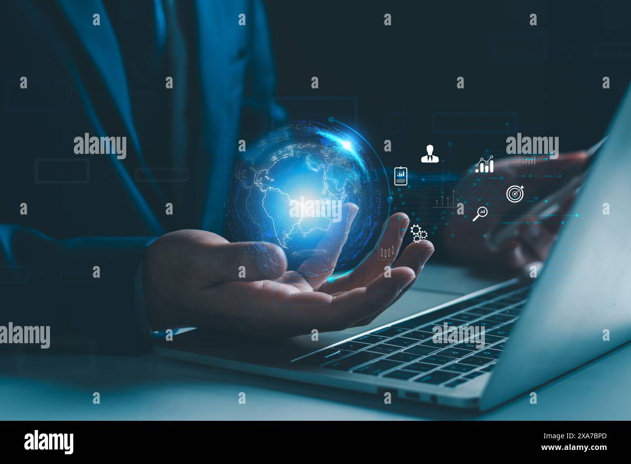 Digital business global connection concept. Business man touching on ...