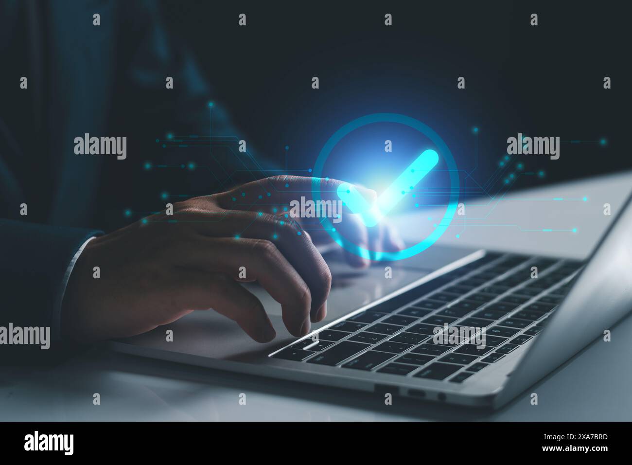 Quality control certificate concept. Businessman show high quality ...