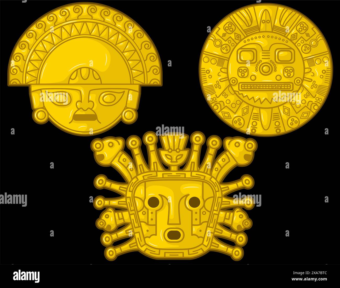 Ancient Incaic gods golden heads over black background. Peruvian Vector ...