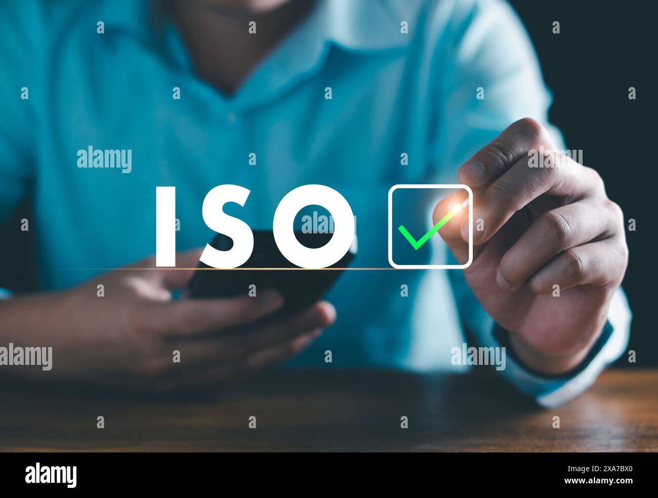 ISO quality control certificate concept. Businessman show high ISO ...