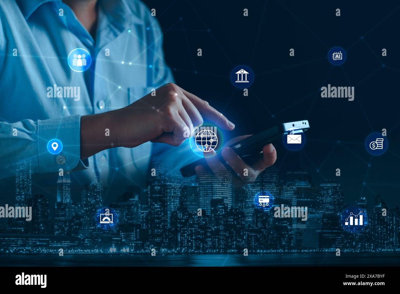 Digital business global connection concept. Business man touching on global internet connection ...