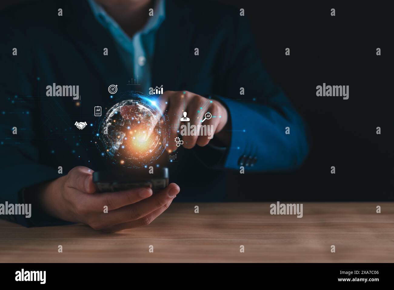 Digital market and business solution concept. businessman holding ...