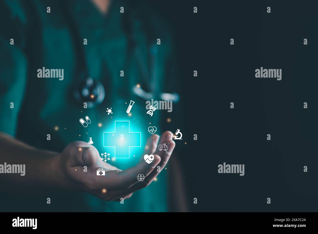 Doctor hand holding virtual medical health care icons with medical ...